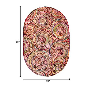 SAFAVIEH Cape Cod Collection Area Rug - 5' x 8' Oval, Red & Multi, Handmade Boho Braided Circles Jute & Cotton, Ideal for High Traffic Areas in Living Room, Bedroom (CAP203A)