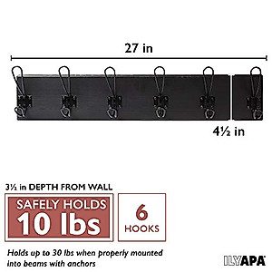 Ilyapa Coat Hooks Wall Mounted - Wooden Wall Coat Rack with Wall Hooks for Coats, 6 Metal Hooks - for Hats, Coats, Kitchen, Bedroom, and More - Black