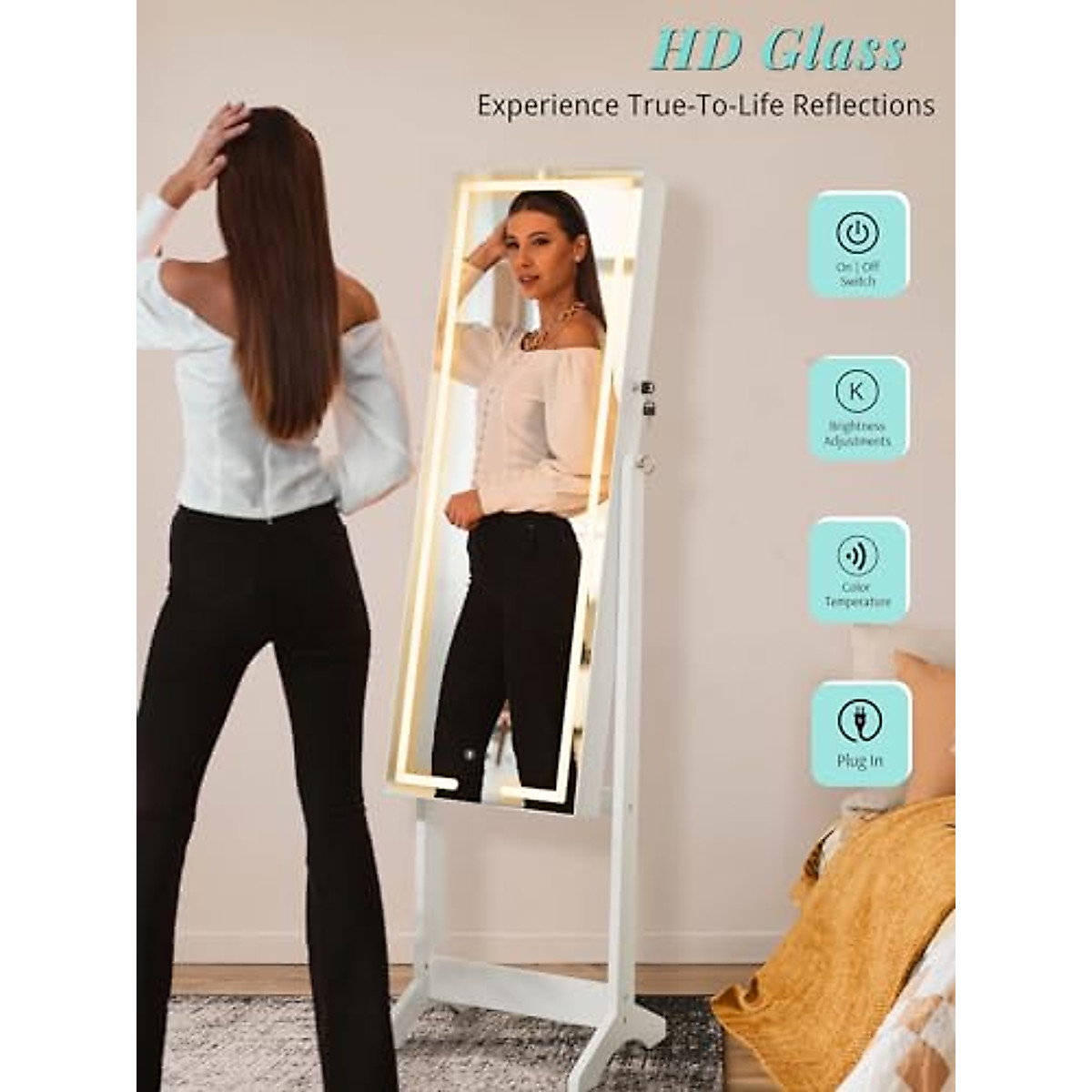 LUXFURNI LED Light Jewelry Cabinet Standing Full Screen Mirror Makeup Lockable Armoire, Large Cosmetic Storage Organizer w/Brush Holder (White)