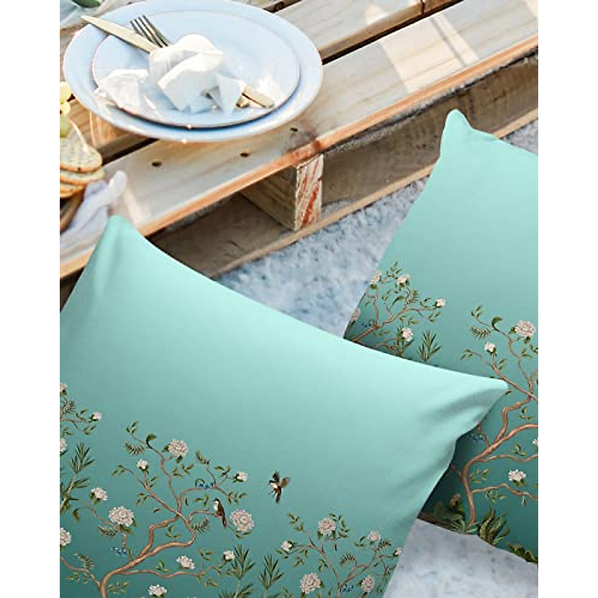 Pack of 2 Waterproof Outdoor Pillow Covers, Floral and Birds Decorative Throw Pillow Covers Square Pillowcases Cushion Covers for Patio Garden 16x16 Inch Abstract Art Ombre Blue and Green