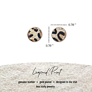 Animal Print Stud Earrings for Women – Leopard, Jaguar, Zebra, Snakeskin – Genuine Leather – Round, Oval, Teardrop - Fashion Statement Earrings - Gift Box Included (Round - Leopard)