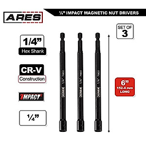 ARES 27008-3-Piece 1/4-Inch Magnetic Impact Nut Driver Bit Set - 6-Inch Length - Impact Grade Nut Setters with Industrial Strength Magnets