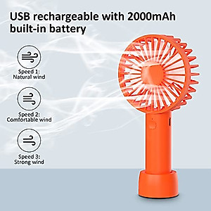 Coolfor Handheld Fan,Mini Portable Fan 2000mAh USB Rechargeable Battery Operated Cooling Hand Fan with 3 Adjustable Speeds for Travel Makeup Office shopping picnic indoor outdoor use(Orange)