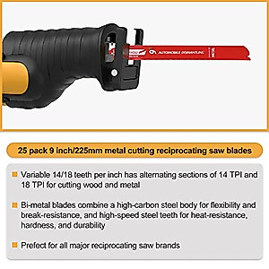 25 Pack 9 in 14/18 TPI Bi-Metal Reciprocating Saw Blades with Organizer Carbide Alloy Steel for Automobile Dismantling Metal Steel Cutting Non-Stick Coated for Less Heat for 1/16-5/16 Medium Metals
