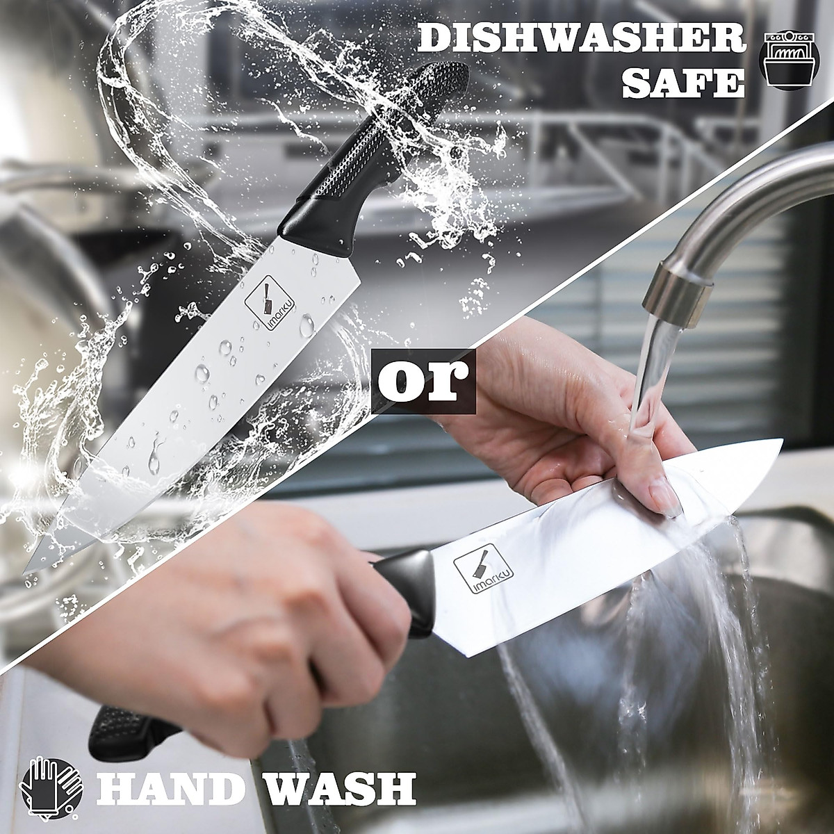 imarku Kitchen Knives Set, 16 Pcs Stainless Steel Knife Set with Block and Sharpener, Dishwasher Safe, Knife Block Set with Ergonomic Handle, Christmas Gifts for Women