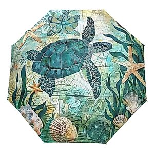 Wamika Vintage Ocean Turtle Umbrella Automatic Open Close Sea Starfish World Map Anti-UV Umbrellas Compact Windproof Lightweight Parasol Umbrella for Travel Car School Sun & Rain