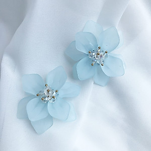 SLSF Unique Handmade Bohemian Large Matte Resin Flower Stud Earrings Dainty Elegant Acrylic Flower Petal Dangle Drop Earrings for Women Statement Jewelry Gifts (Light Blue)