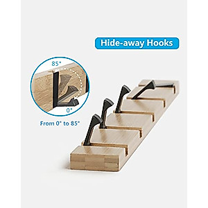 JSVER Wooden Coat Hooks Coat Rack Wall Mount, Space-Saving Coat Rack with 5 Standard Retractable Hooks, Hat Coat Hook for Entryway, Hallway, Bathroom, Living Room, Bedroom