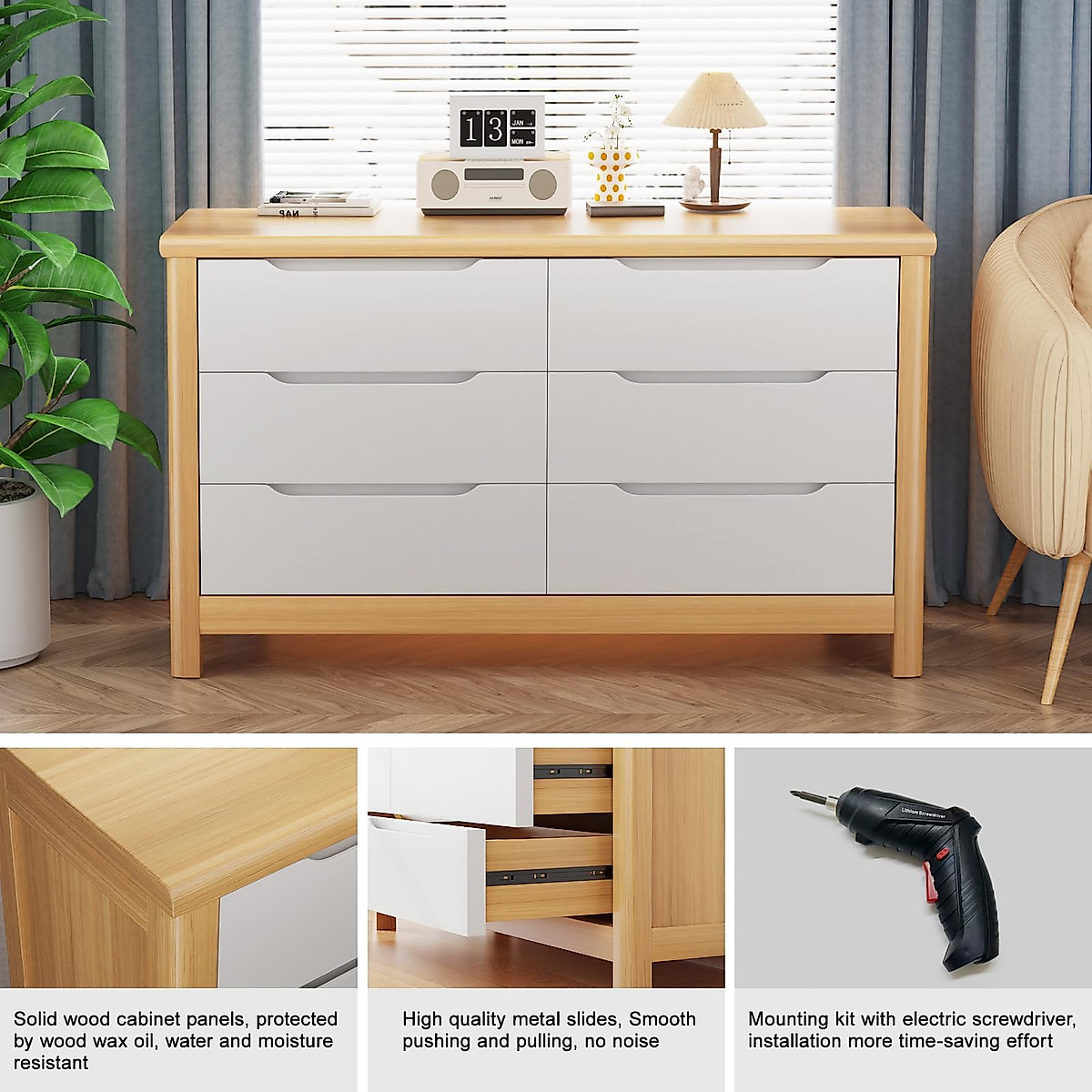 Polynices Bedroom Dressers with Drawers,Large Natural Wood Dresser & Chests of 6 Drawers Storage Organizer, Modern Wide Dresser for Bedroom, Kids Bedroom, Hallway White