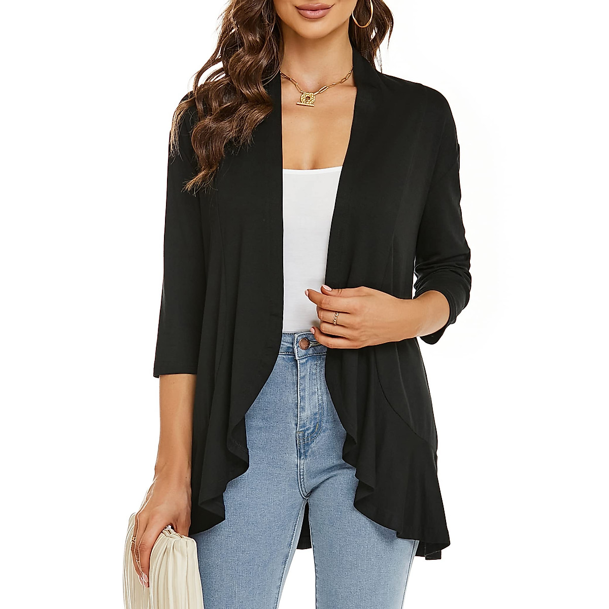 YnimioAOX Women's Open Front Cardigan 3/4 Sleeve Solid Casual Kimono Sweater Coat,X-Large,N20-autumn black