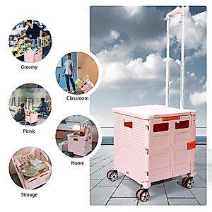 Foldable Utility Cart Collapsible Portable Tool Cart with Wheels Tote Basket,176LBS Load Capacity,Magnetic Lid Telescopic Cover with 360° Wheels Telescoping Handle for Grocery Laundry Luggage,Pink