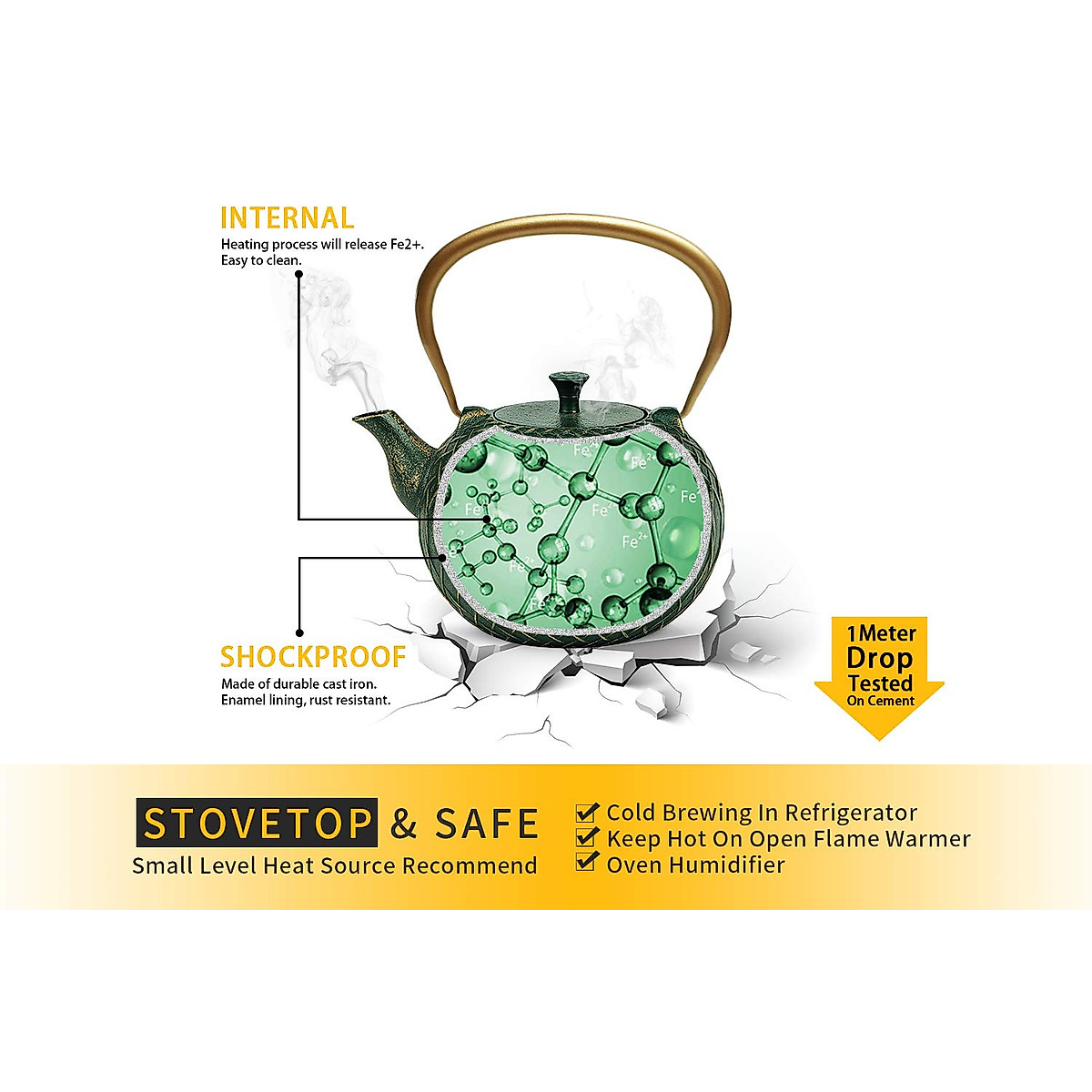 Tea Kettle, Toptier Japanese Cast Iron Tea Kettle for Stove Top, Stovetop Safe Teapot with Infusers for Loose Tea, 34 Ounce (1000 ml), Dark Green Melody