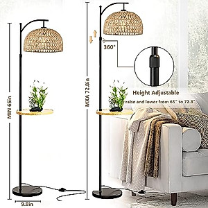 QIYIZM Floor Lamp for Living Room Bedroom with Table Shelves,Rattan Boho Arc Floor Lamps with Remote Dimmable Farmhouse Wood Shelf Attached Standing Lamp Wicker Bamboo Tall Lamp Floor Light Bohemian