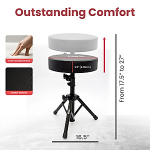 Pyle Padded Musician Stool-Drum/Guitar/Keyboard Performers Foldable Piano w/Height Adjustable Foot & Seat, Non-Slip Rubber Feet, Round Foam Cushion PKST54