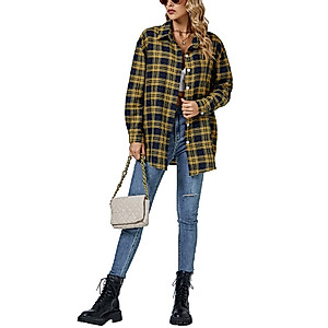 LYANER Women's Long Sleeve Plaid Collar Button Down Boyfriend Shirt Blouse Top Yellow and Blue Large