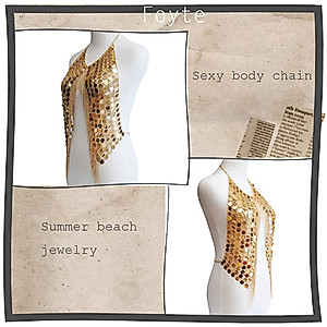 Foyte Sexy Sequins Tassels Body Chains Summer Bikini Gold Body Chains Sexy Beach Bra Body Chains Sparkly Body Accessorices for Women and Girls (Sequins)