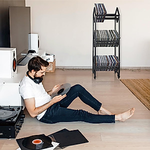 WIMART Record Holder, 2 Tiers Vinyl Record Storage Rack Shelf Holder, Album Display Stand for Home, Office with Sand Black Powder Coated High End Design with Casters Easy to Move, 160-200 LP Storage