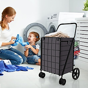 S AFSTAR Shopping Cart with Oxford Liner Bag, 27 Gal Folding Grocery Cart on Wheels, Double Basket, 330 LBS Weight Capacity, Portable Granny Cart Shopping Cart for Market Laundry (Black)