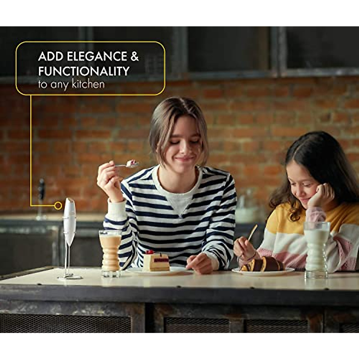 Milk Frother White - Coffee Frother Handheld with Electric Whisk - 19000 rpm - Book Recipes and Stainless Steel Stand Included - Hand Mixer Electric (White and Gold)