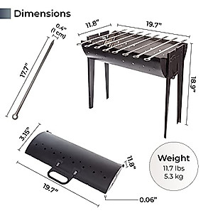 Mangal Grill Folding Steel 2mm Portable with 8 Shashlik Skewers - Bbq Kabob Kebab Grill Charcoal Firesense Barbecue - Brazier Shish Kebab Grill Mangal - Brazilian Kabob Manghal Armenian