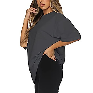Bnycuml Women's Oversized T Shirts Half Sleeve Crewneck Loose Fit Drop Shoulder Casual Cotton Tunic Tees Top (Dark Grey,X-Large)