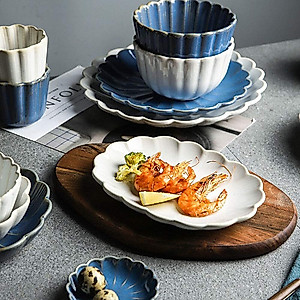 Ceramic Kitchen Dinner Set ServiceDishes/Plate/Bowl Set,12 Pieces Dinnerware Set, Thick and Durable Dinner Set, Creativity Flower Shape Dishes, Including Plates, Bowls and Mugs, Service for 2,Blue