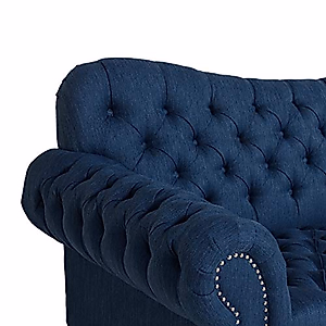 Christopher Knight Home Nathan Chesterfield Button Tufted Fabric 3 Seater Sofa, Navy Blue, Dark Brown