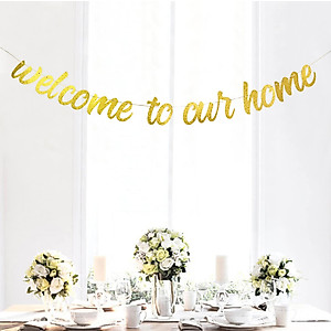 Starsgarden Glitter Gold Welcome to Our Home Banner for Housewarming Patriotic Military Decoration Family Party Supplies Cursive Bunting Photo Booth Props Sign(Gold Home)