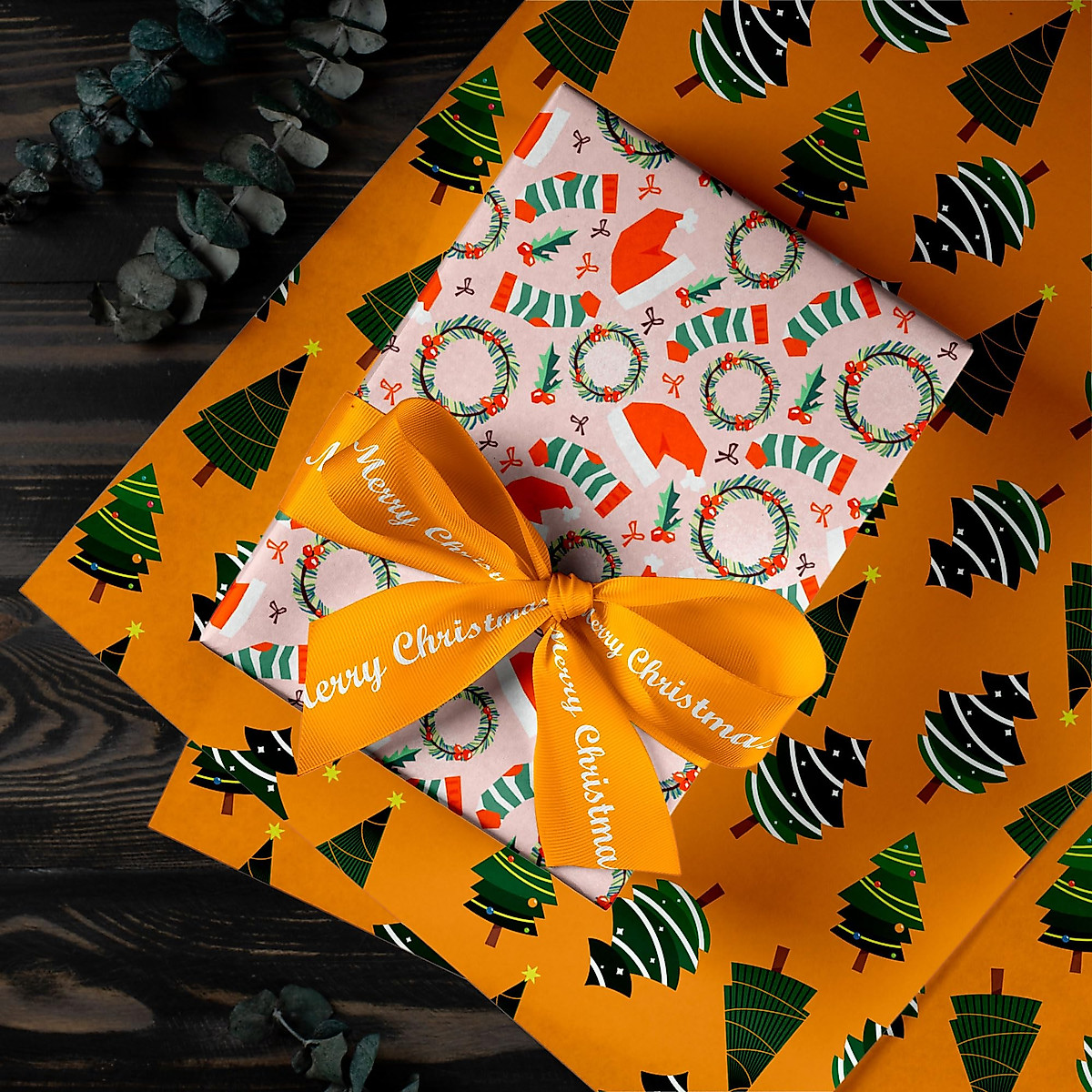 GIOLAINY Christmas Wrapping Paper for Kids Boys Girls - Holiday Gift Wrap Bundle Contain Pink Santa, Snowman, Christmas Tree, Hat Design - 6 Sheets (29 x 43 inches), Recyclable, High Gloss, Easy to