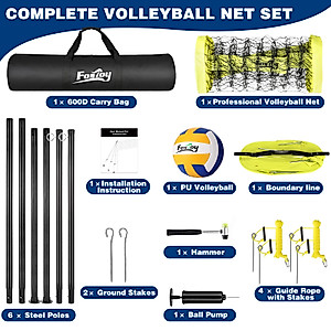 Fostoy Volleyball Net Outdoor, Professional Portable Volleyball Net Set with Adjustable Height Poles, Anti-Sag System, Soft Volleyball, Pump, Boundary Line and Carrying Bag for Backyard, Beach, Lawn