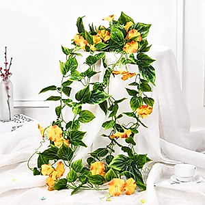 MARTINE MALL Morning Glory Flower Vine 15Feet Artificial Flower Vines Morning Glory Hanging Plant Fake Hanging Vine Flowers Hanging Plants Silk Garland for Wall Stairway Home Decor Yellow, 2 Pcs