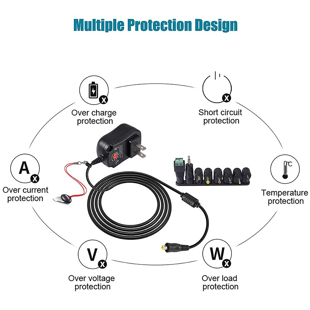 SoulBay 12W Universal AC Adapter 3V 4.5V 5V 6V 7.5V 9V 12V Switching DC Power Supply Charger Cord with 8 Tips for 3-12V Household Electronics - 1A Max