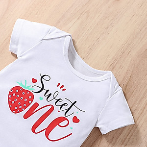 Baby Girl First Birthday Outfit Sweet One Fruit Short Sleeve Romper Top Flare Pants Headband 3Pcs Cake Smash Clothes (Strawberry, 12-18 Months)