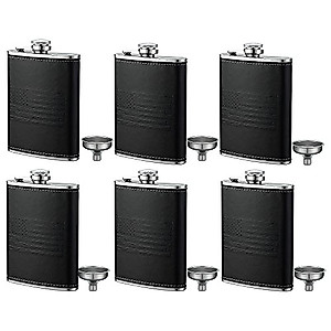 6 Pcs 8-Oz. Black American Flag Flask - Soft Touch Cover and Durable Construction Stainless Steel Leak Proof Classic American Flag Design,Funnel Included