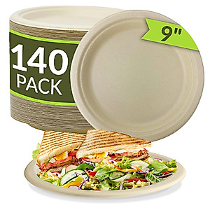 Reli. Compostable Paper Plates 9 Inch (140 Pack Bulk) | Brown Disposable Plates 9" | Heavy Duty Paper Plates, Eco-Friendly | Made of Sugarcane Fibers/Bagasse - Biodegradable | Microwavable (Natural)