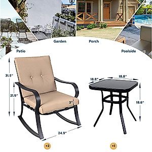 Incbruce 3 Piece Patio Bistro Set Outdoor Rocking Chairs Set, Porch Patio Conversation Chairs Set of 2 with Glass-Top Coffee Table (Brown Thickened Cushion)