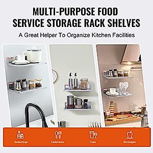 VEVOR 8.6" x 16" Stainless Steel Shelf, Wall Mounted Floating Shelving with Backsplash, 44 lbs Load Capacity Commercial Shelves, Heavy Duty Storage Rack for Restaurant, Kitchen, Bar, Home, and Hotel