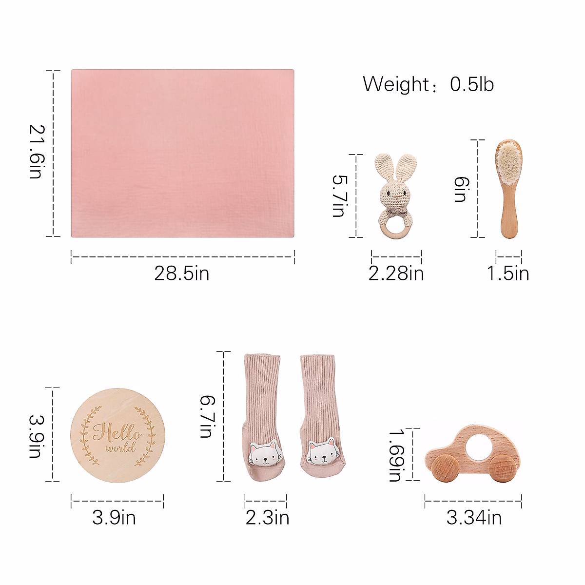 New Born Baby Gift Basket, Baby Boys Girls Shower Gifts with Wooden Rabbit Rattles, 6PCs New Born Essentials Bath Set with Baby Brush,Blanket,Milestones Cards