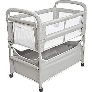 Arm’s Reach Clear-Vue Co-Sleeper Bedside Bassinet Featuring Clear Mesh Panels with Fold-Down Side, Large Attached Storage Basket, 4 Wheels, and Height-Adjustable Legs