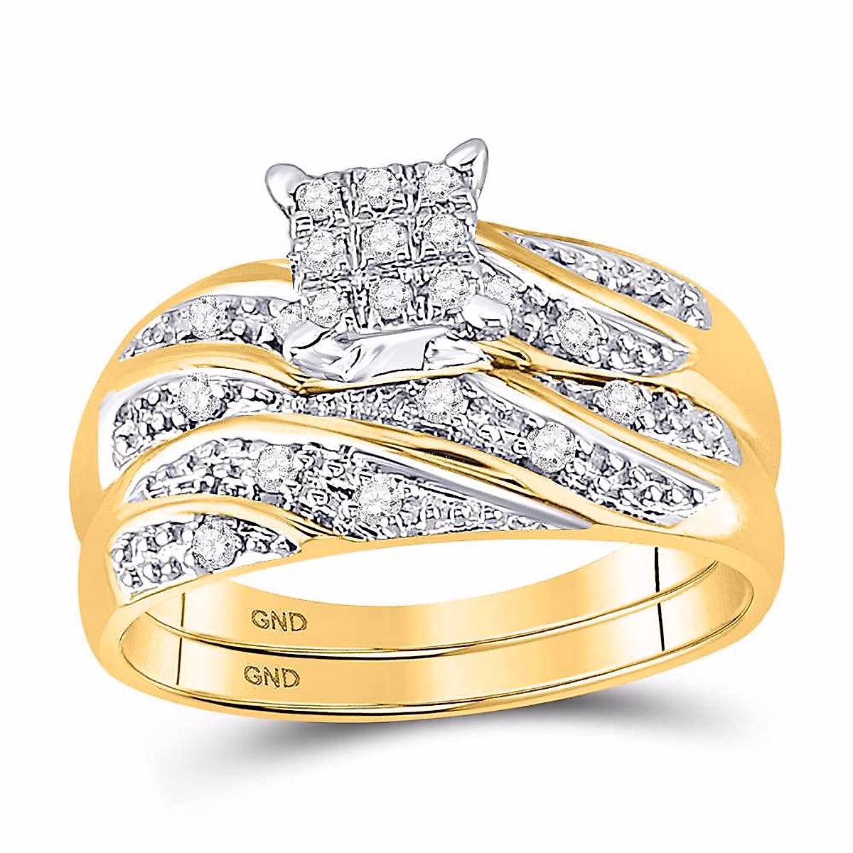 Sizes - L = 8, M = 13 - 14k Yellow and White 2 Two Tone Gold Mens and Ladies Couple His & Hers Trio 3 Three Ring Bridal Matching Engagement Wedding Ring Band Set - Round Diamonds - Princess Shape Center Setting (1/4 cttw) - Please use drop down menu to se