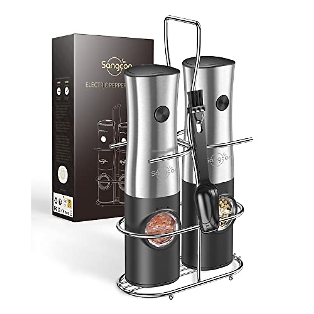 Sangcon Electric Salt and Pepper Grinder Set - Automatic Pepper Mills with LED Light - Battery Operated Salt and Pepper Shakers with Stand & Sangcon 5 in 1 Blender and Food Processor Combo for Kitche