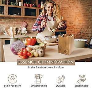 Bamboo Utensil Holder or Caddy for Kitchen Tools. Perfect Organizer for Stainless Steel, Ceramic, or Bamboo Spatulas, Spoons, and Flatware. Quality Home Collection
