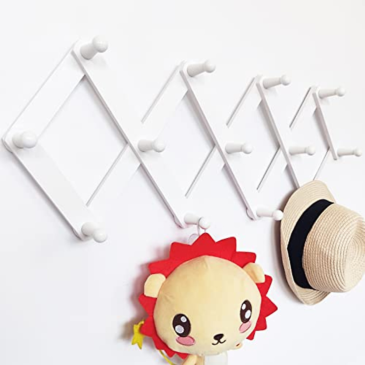 AMAPON Expandable Coat Rack Accordion Wood Wall Hanger 13 Peg Hook Hang Hat Cap Coffee Mug Towels Leash Scarf Umbrella Bag (White)