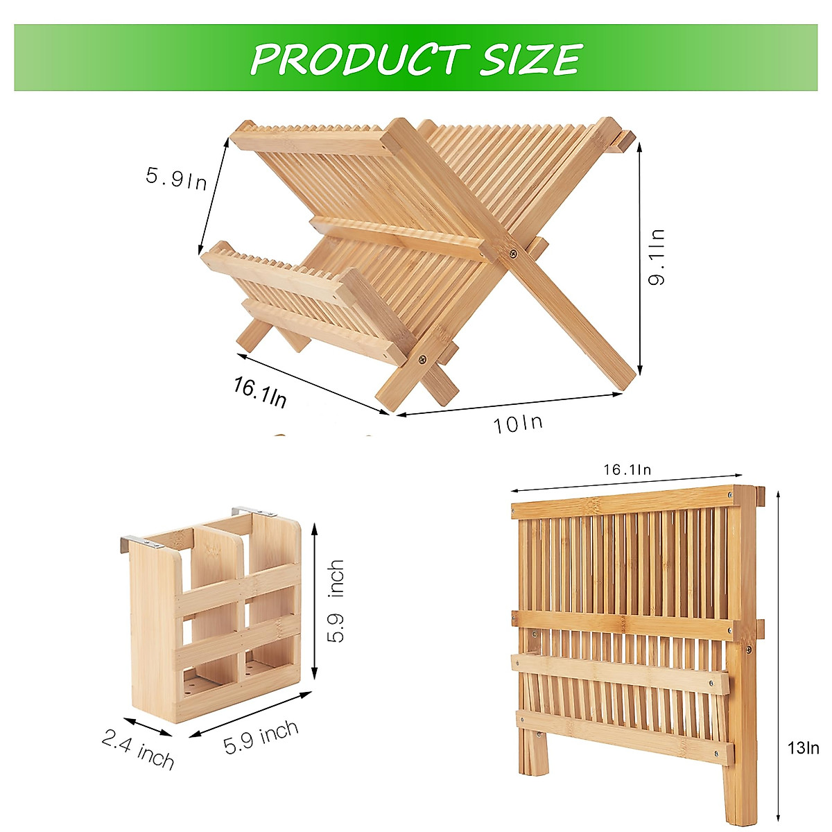 NOVAYEAH Bamboo Dish Drying Rack-2 Tier, Collapsible Small Dish Rack with Utensil Holder, Wooden Drying Rack for Kitchen Counter, Apartment Essentials Kitchen Plate Holder, Kitchen Organization