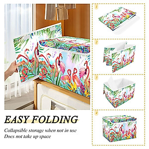 Wajiw Tropical Flamingo Storage Bins Foldable Large Cube Storage Box with Lids and Handles for Home Organizer Closet Office Decor 16.5x12.6x11.8 In