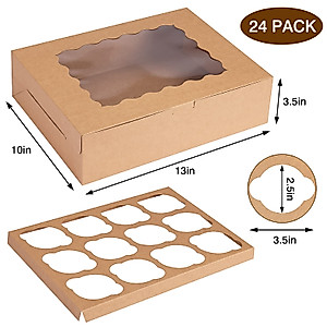 Moretoes Cupcake Boxes 24 Pcs Brown Cupcake Carrier Containers 24 Cardboard 12 Count, Kraft Bakery Boxes with Windows and Inserts to Hold Muffins & Pastries