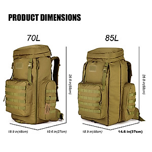 ArcEnCiel Hiking Daypacks 70-85L Tactical Travel Backpack MOLLE Rucksack Large Capacity Outdoor Bag for Travelling Trekking Camping Hunting - Rain Cover Included (Coyote Brown)