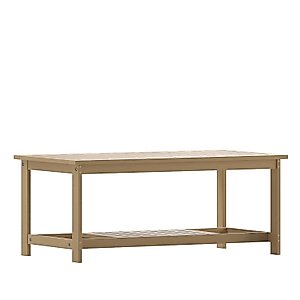Flash Furniture Charlestown Two Tiered Commercial Grade Adirondack Coffee Table - Natural Cedar Finish Poly Resin Wood - All-Weather - Slatted Shelf Design