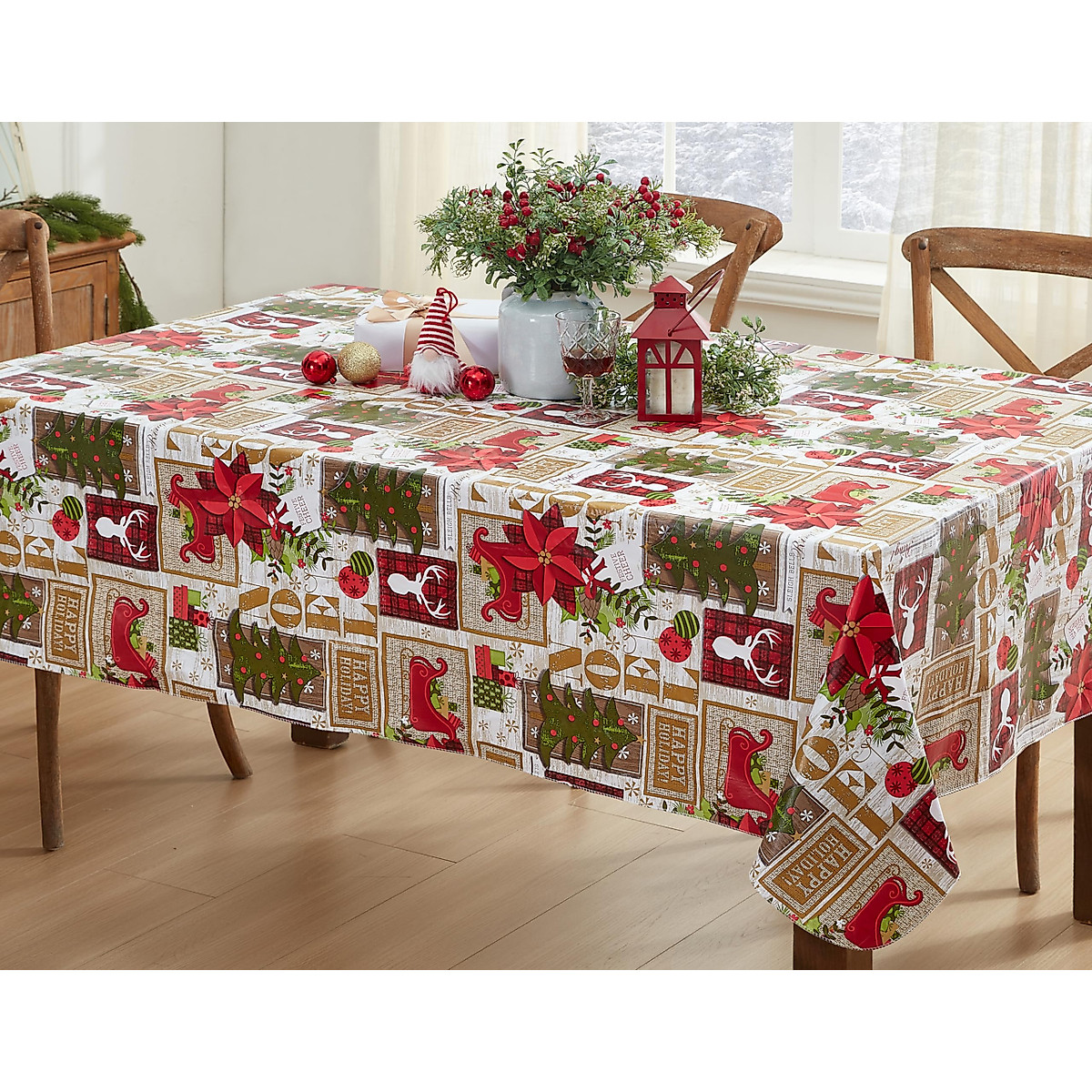 Newbridge Ivory Sleigh Bells Ring Country Rustic Vinyl Flannel Back Vinyl Christmas Tablecloth, Moose Antlers, Sleighs and Festive Xmas Wipe Clean Tablecloth, 60 Inch x 84 Inch Oblong/Rectangle
