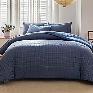WARMDERN Blue Comforter Set Queen Size Waffle Weave Lightweight Bedding Comforter Sets Soft Microfiber Down Alternative Comforter 7 Pieces Bed in A Bag All Season(Blue, Queen)